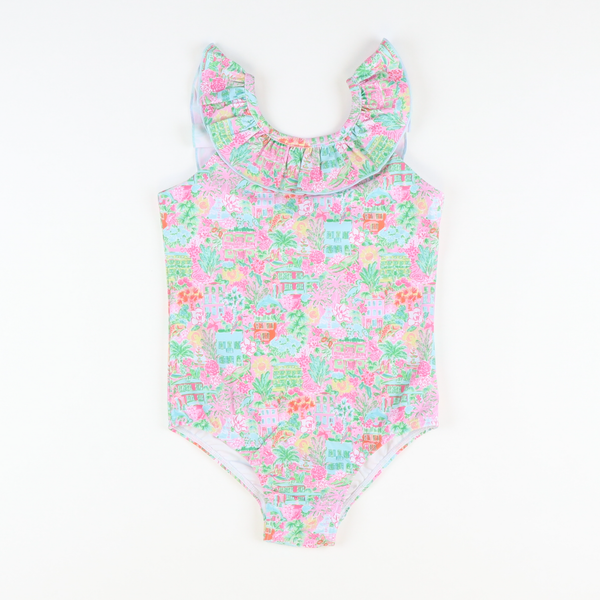 Ruffle Neck Swimsuit - Charleston Print | Southern Smocked Co.