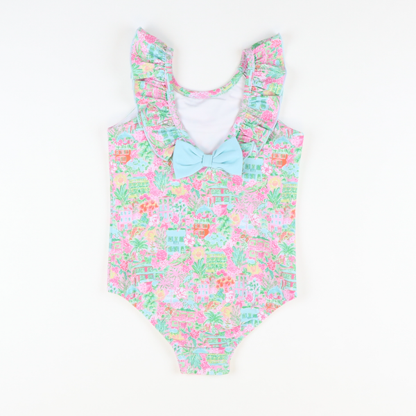 Ruffle Neck Swimsuit - Charleston Print | Southern Smocked Co.