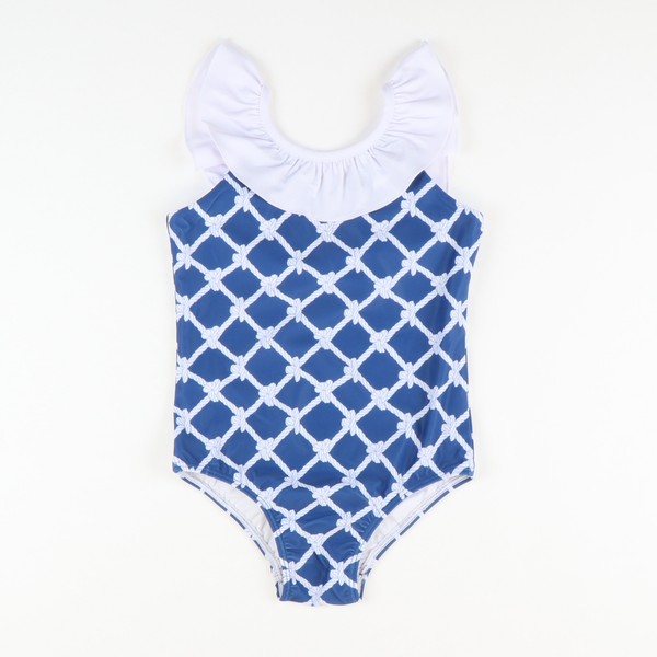 Ruffle Neck Swimsuit - Nautical Ropes | Southern Smocked Co.