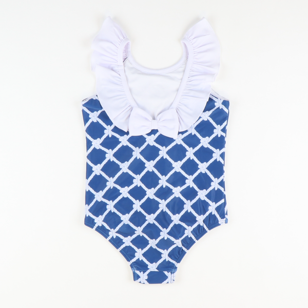 Ruffle Neck Swimsuit - Nautical Ropes | Southern Smocked Co.