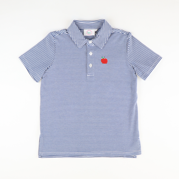 Embroidered Apple Knit Polo - Slate Thin Stripe | Southern Smocked Co.