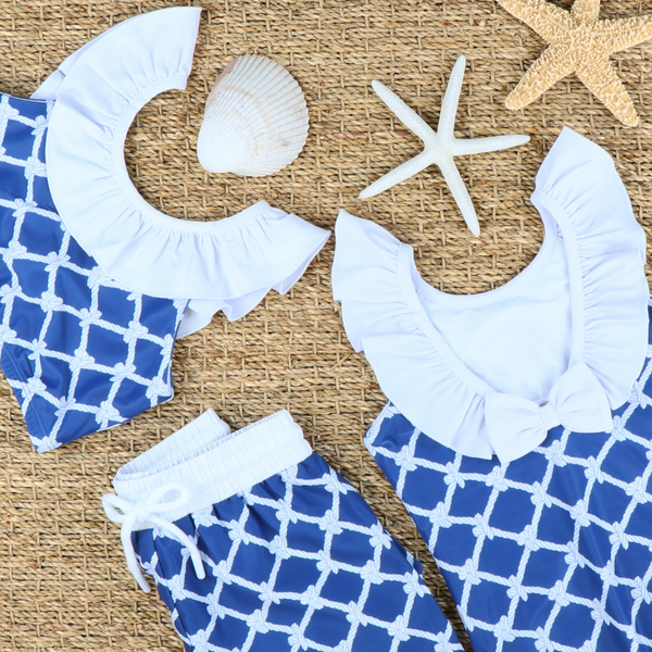Ruffle Neck Swimsuit - Nautical Ropes | Southern Smocked Co.