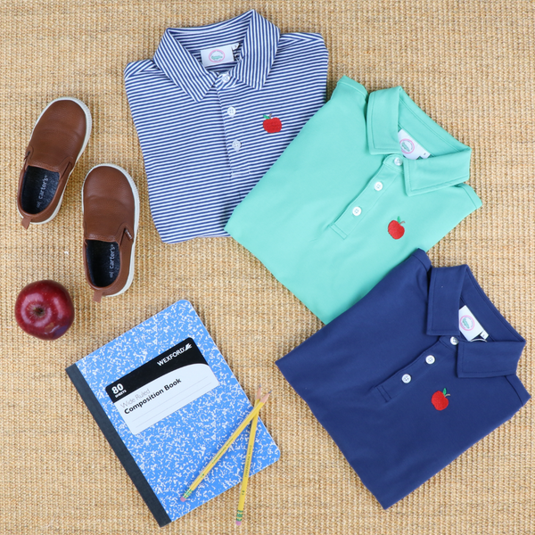Embroidered Apple Knit Polo - Slate Thin Stripe | Southern Smocked Co.